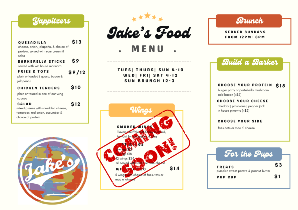 Menu | Jake's of Columbia